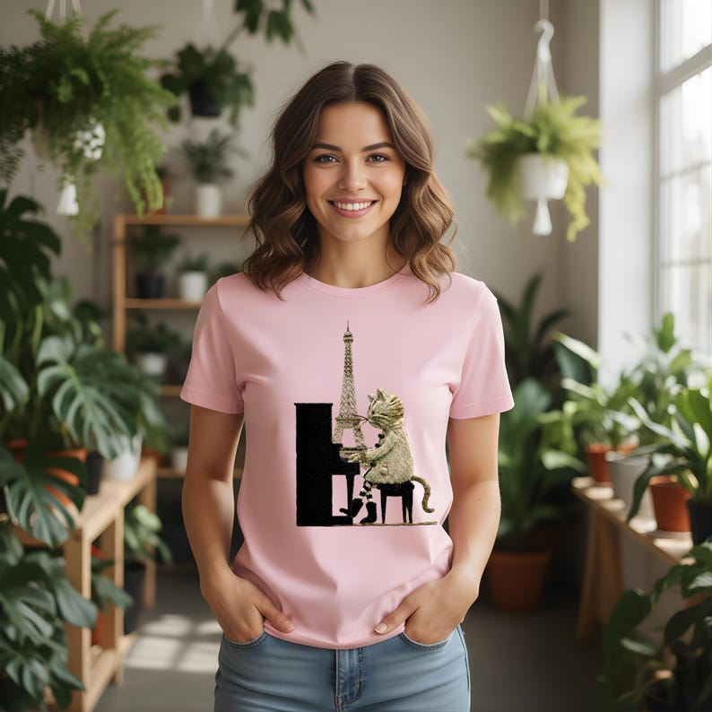Paris Cat Piano T-shirt, Eiffel Tower Illustration - Etsy