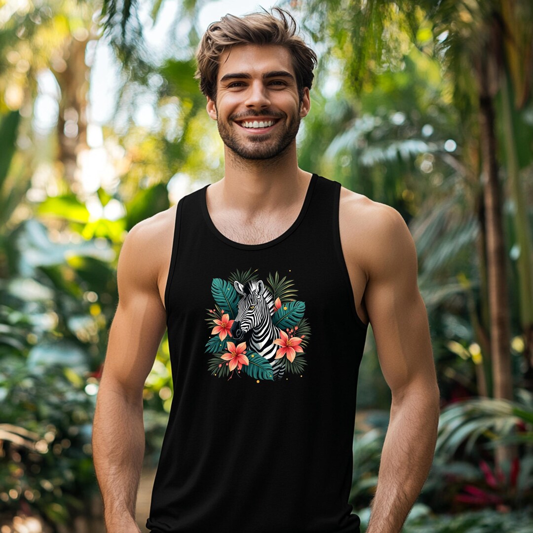 Zebra Print Tank Top With Tropical Flowers, Unique Graphic Tank Top for ...