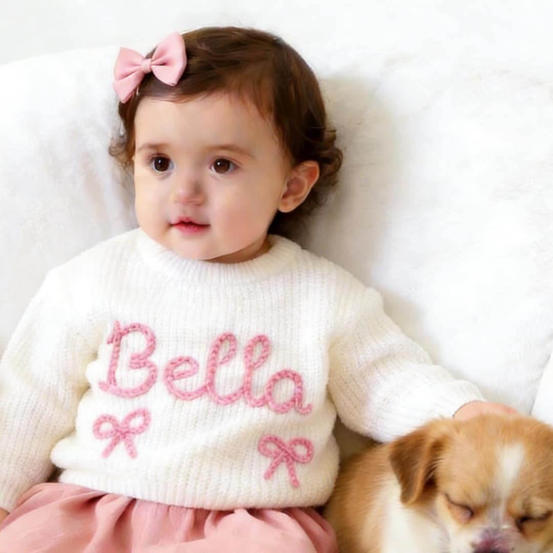 Personalized Hand Embroidered Name Baby Sweater, Knit Sweater With Bow ...