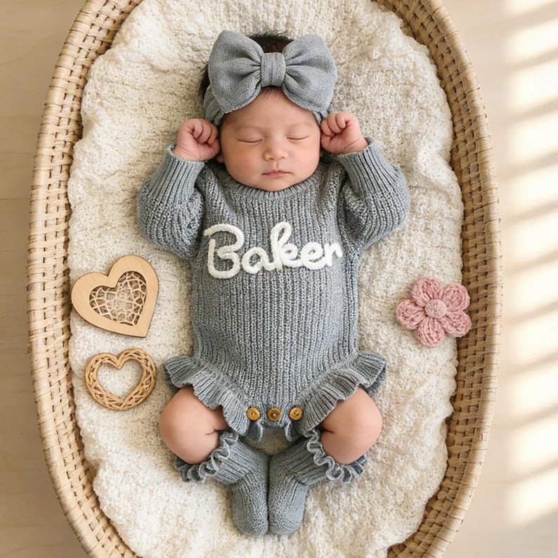 Hand Embroidered Name Baby Romper Set, Personalized Coming Home Outfit ...