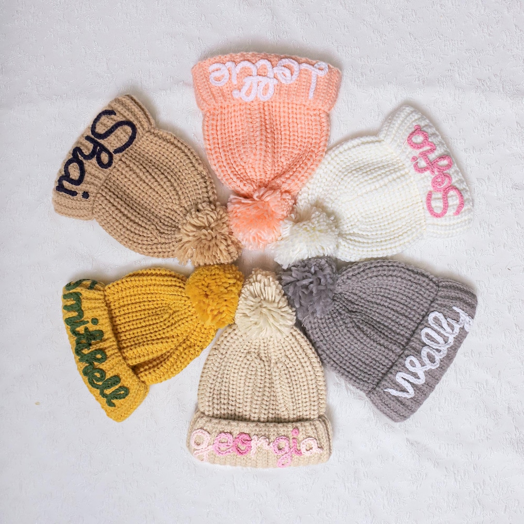 Hand Embroidered Knit Beanie,toddler Winter Hat,newborn Name Beanie ...