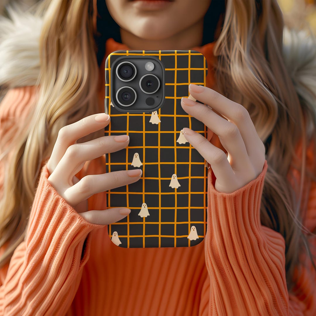 Cute Ghost Halloween Phone Case, Orange Checkered Magnetic Impact ...