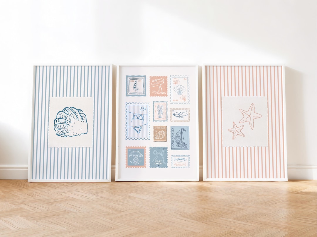 Coastal Print Set: Vintage Stamp Neutral Beach House Decor (digital ...