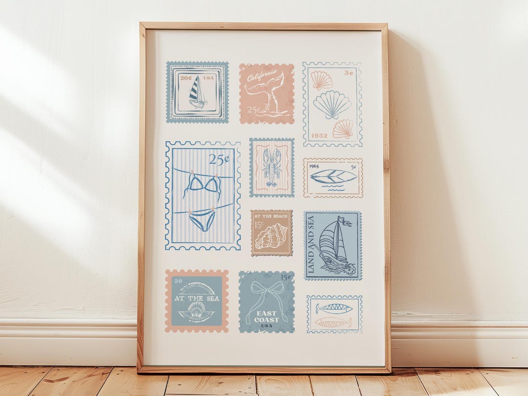Retro Coastal Stamps Print: Vintage Summer Beach Wall Art (digital ...