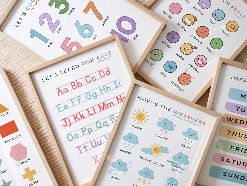 Educational Posters Set: Abcs, Numbers, Shapes - Playroom & Classroom ...