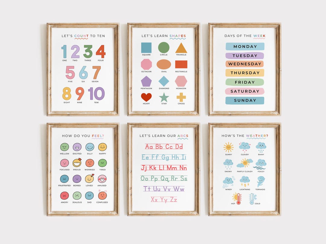Educational Posters Set: Abcs, Numbers, Shapes - Playroom & Classroom ...
