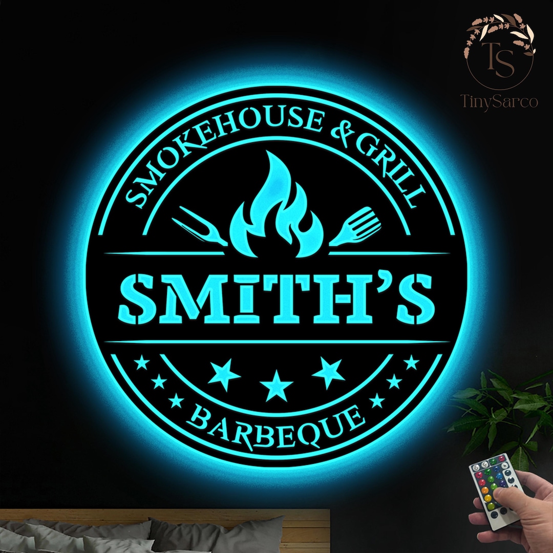 Personalized Metal Barbecue Wall Sign Led Lights, Custom Grill Sign ...