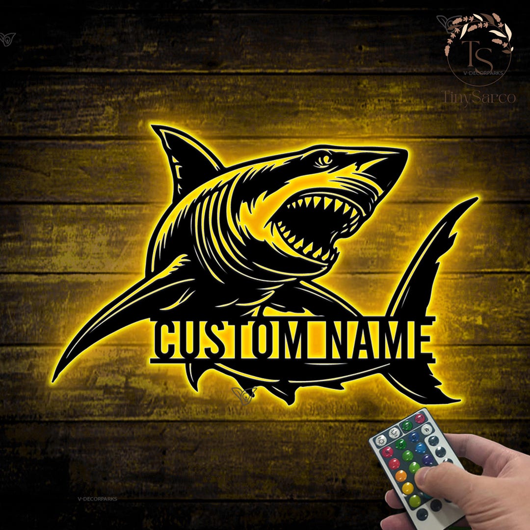 Personalized Great White Shark Metal Wall Art LED Light, Custom Shark ...