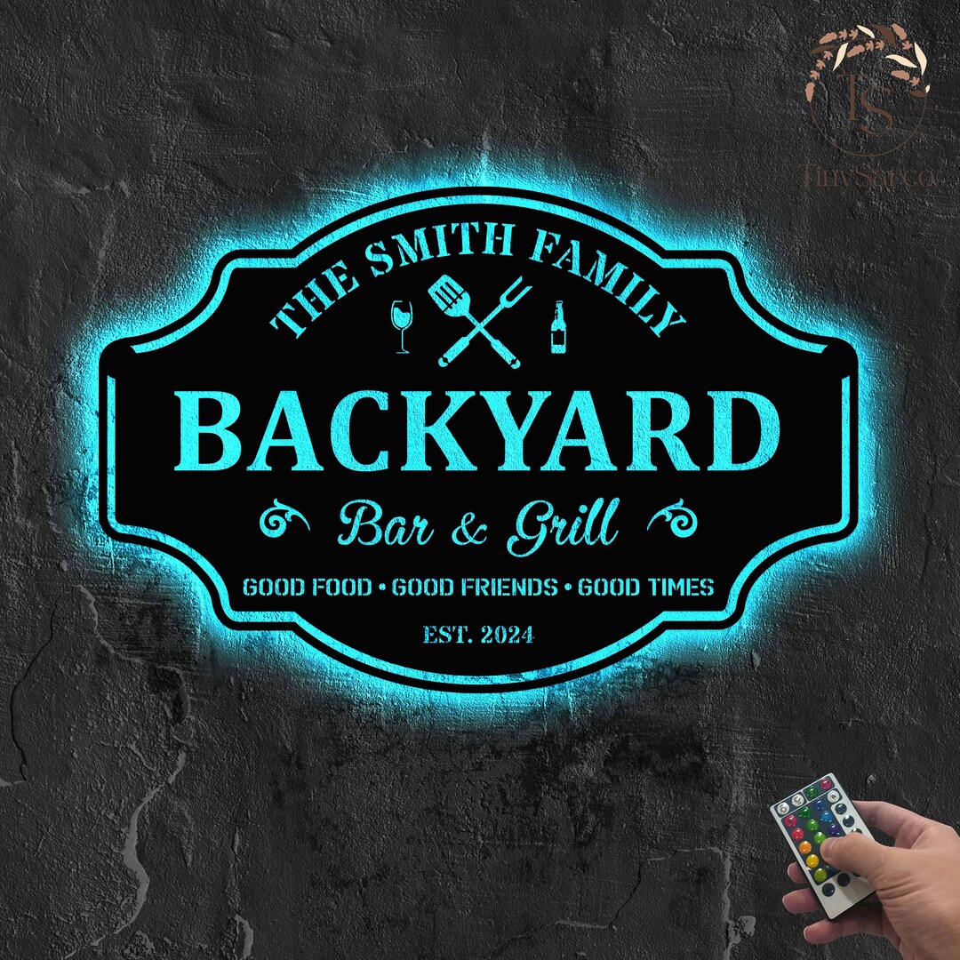 Personalized Backyard Sign LED Light, Custom Bar & Grill Sign Metal ...