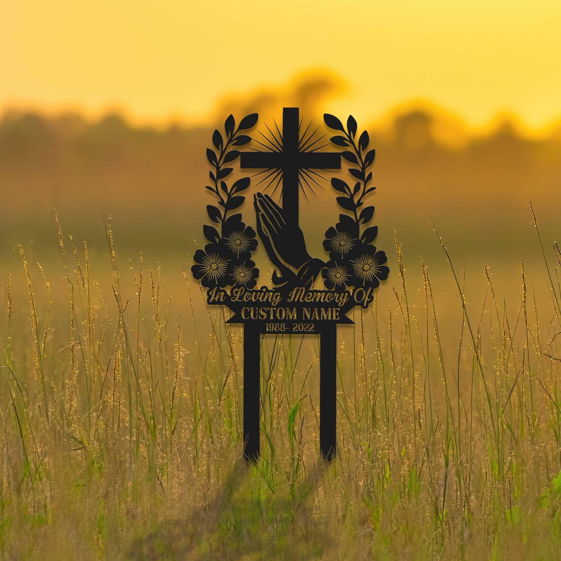Personalized Cross With Praying Hand Memorial Metal, Floral Cross ...