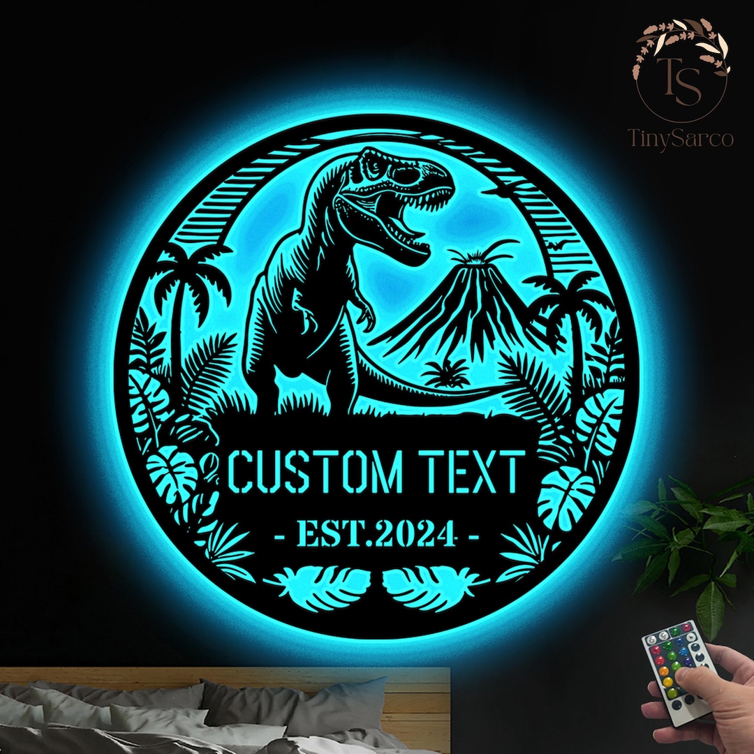 Personalized T-rex Dinosaur Name Sign LED, Trex Dino Metal Wall Art ...