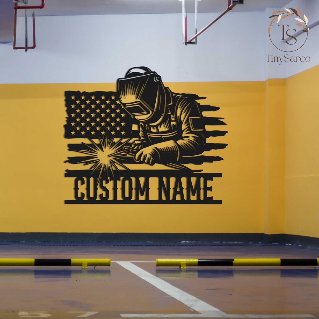 Personalized Welding US Flag Metal Sign Wall Art - Customized Welder Name Sign Home Decoration ...