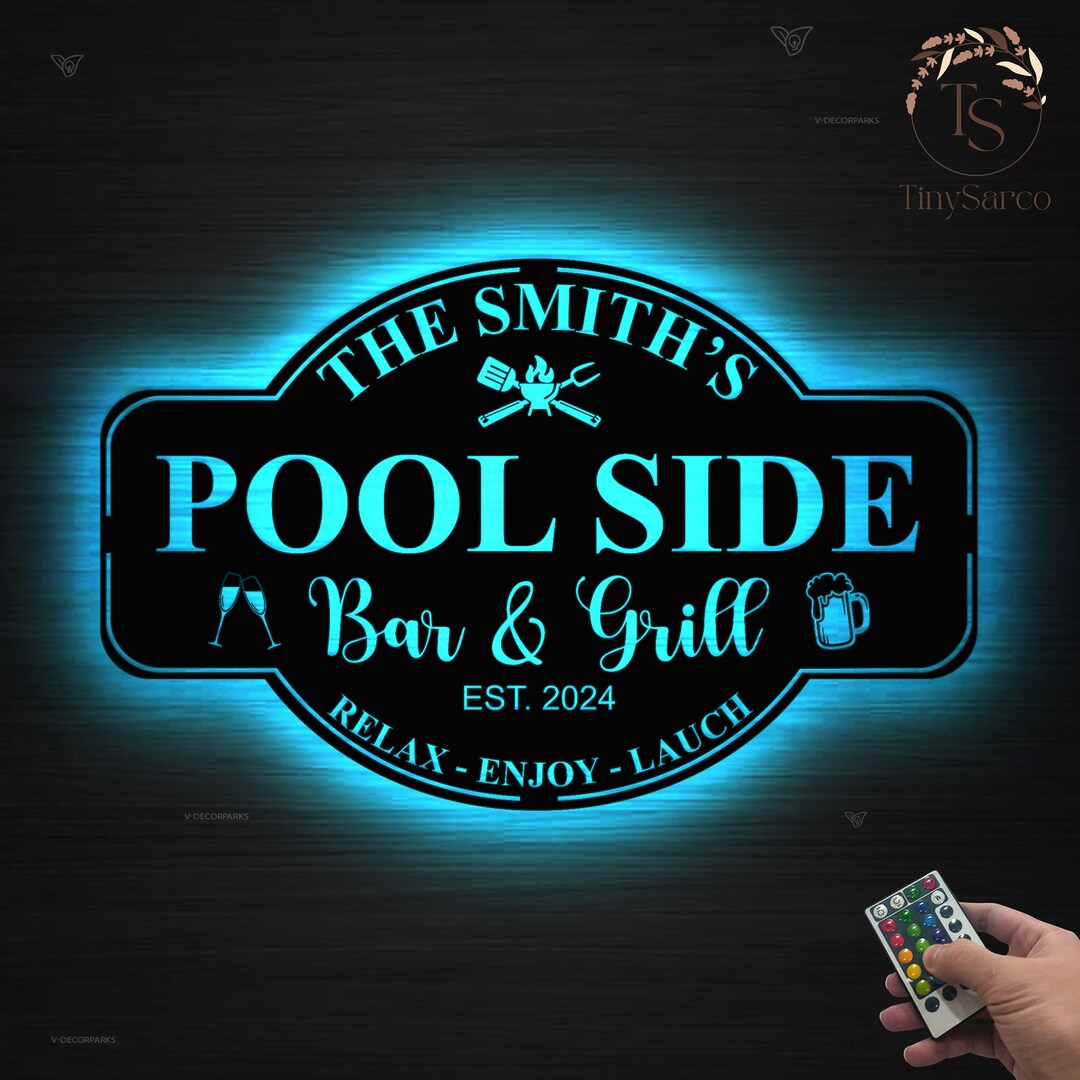 Personalized Family Poolside Bar and Grill Metal Sign LED, Pool and Bar ...