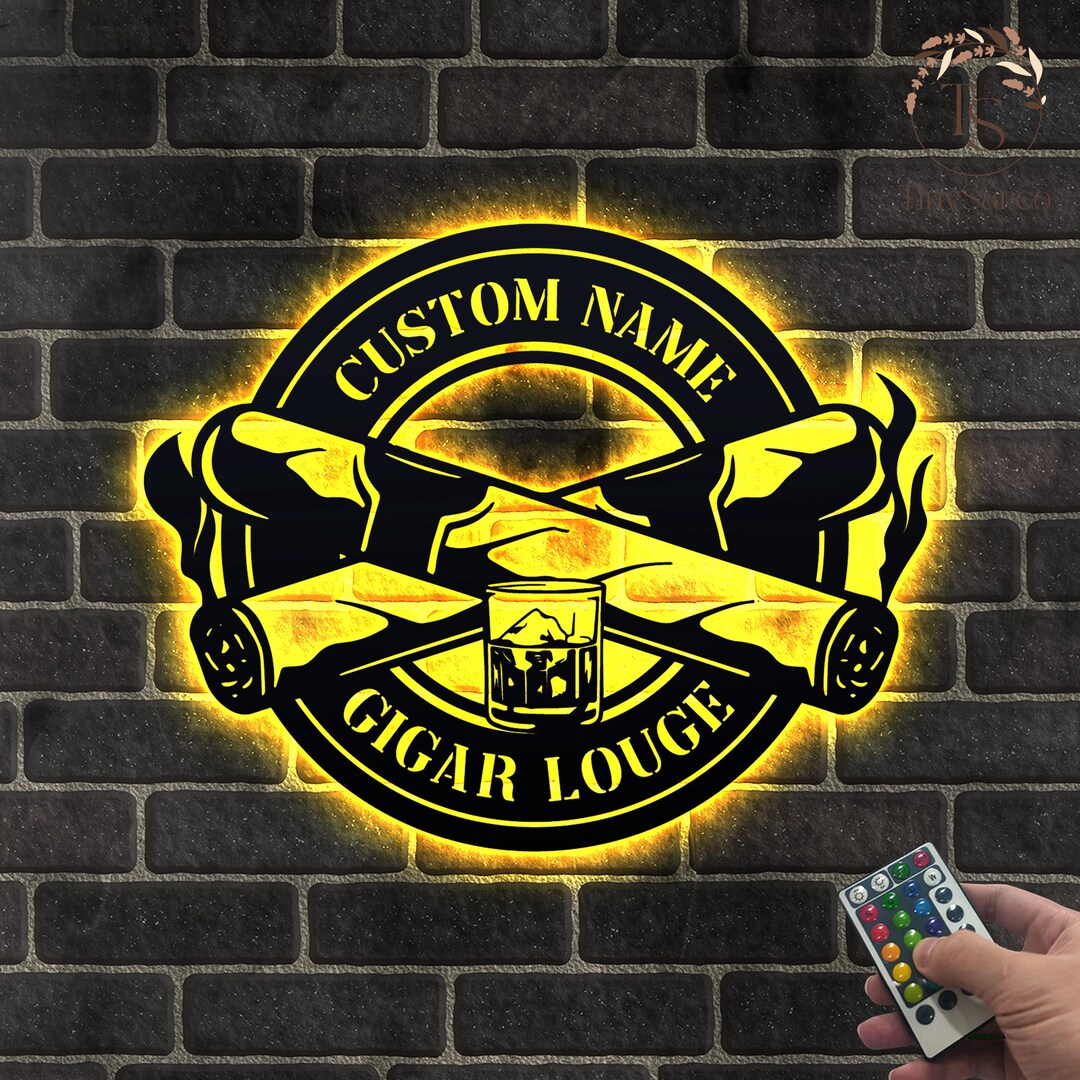 Personalized Cigar Lounge Metal Wall Art LED Light Custom Smoking Cigar ...