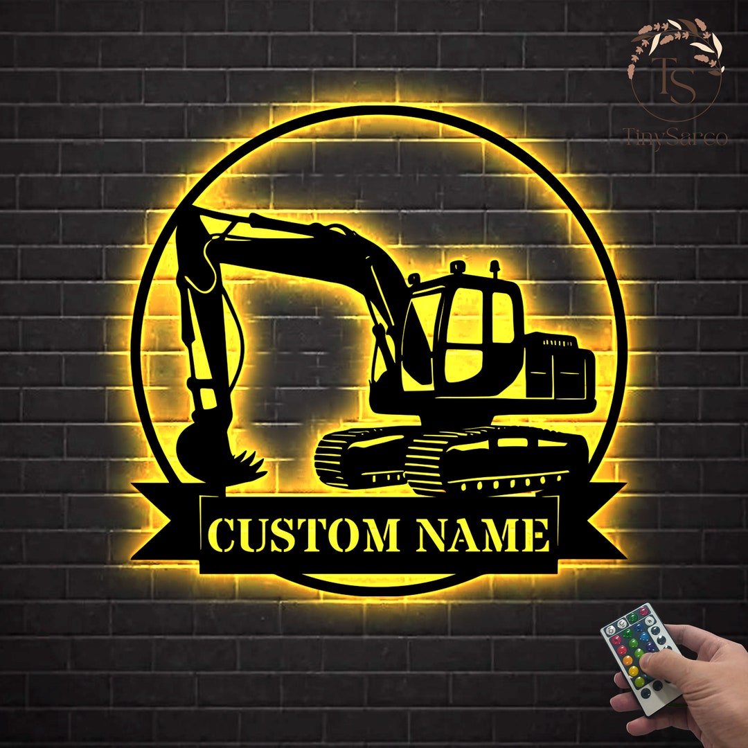 Personalized Excavator Driver Metal Wall Art LED Light Custom Excavator ...