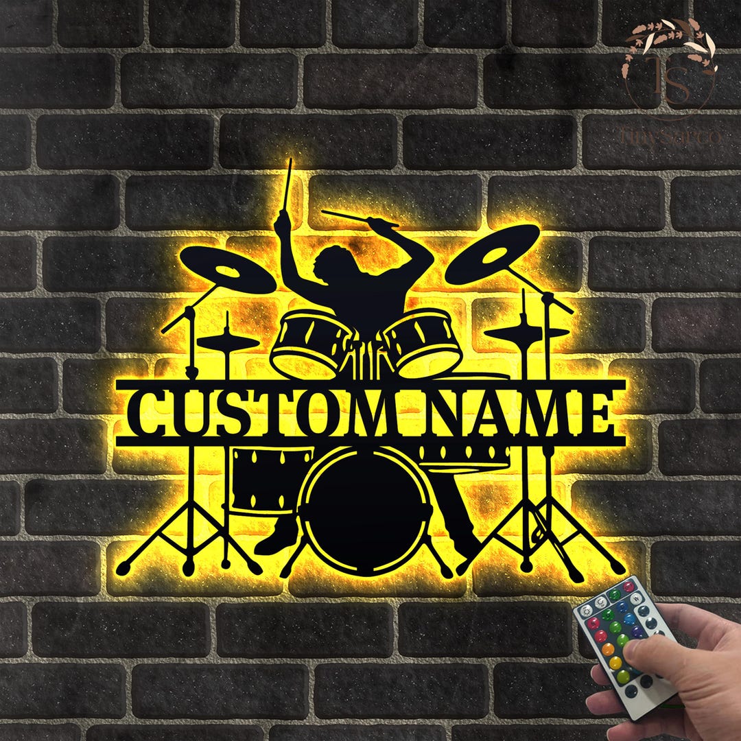 Customized Drummer Name Metal Wall With Led Light, Drummer Sign Metal ...