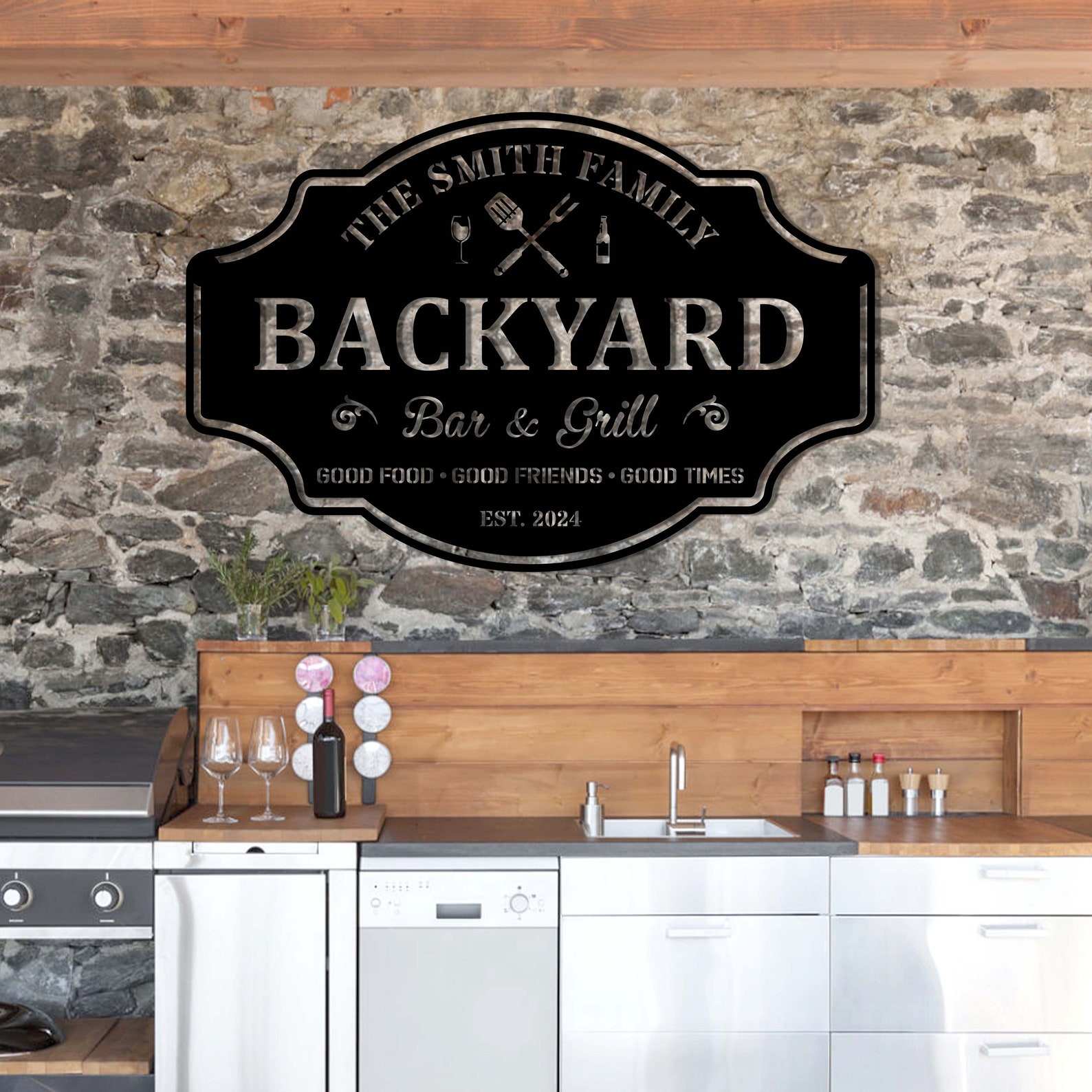 Personalized Backyard Sign LED Light, Custom Bar & Grill Sign Metal ...