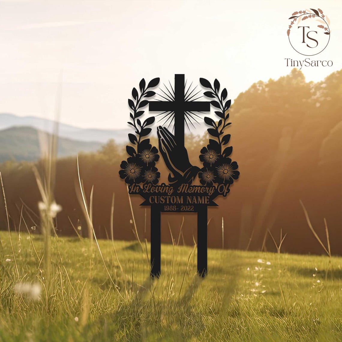 Personalized Cross With Praying Hand Memorial Metal, Floral Cross ...