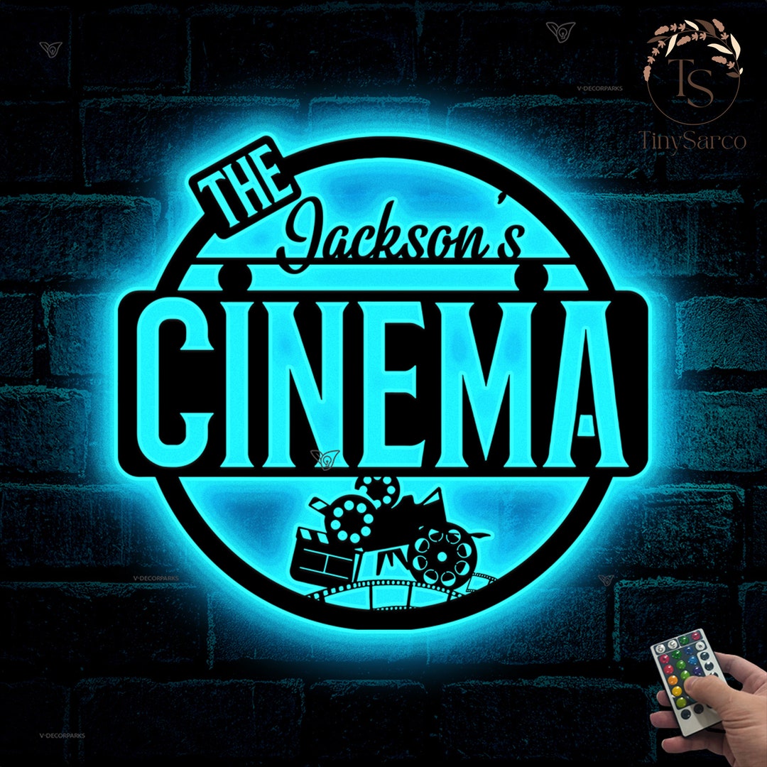 Personalized Family Name Cinema Metal Sign LED Light, Home Theater Wall ...