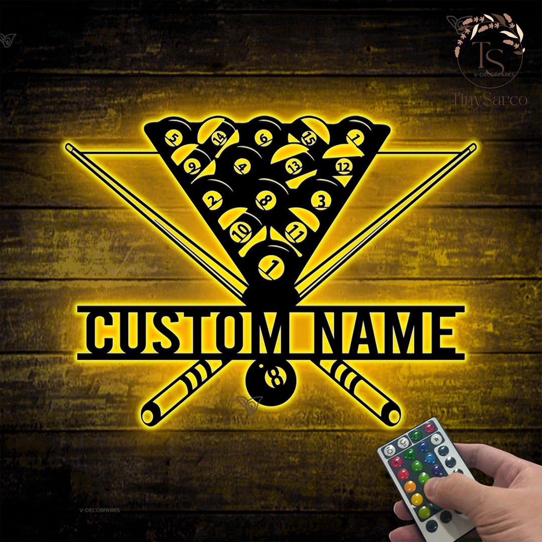 Personalized Billiards Metal Wall Art With LED Light Custom Snooker ...