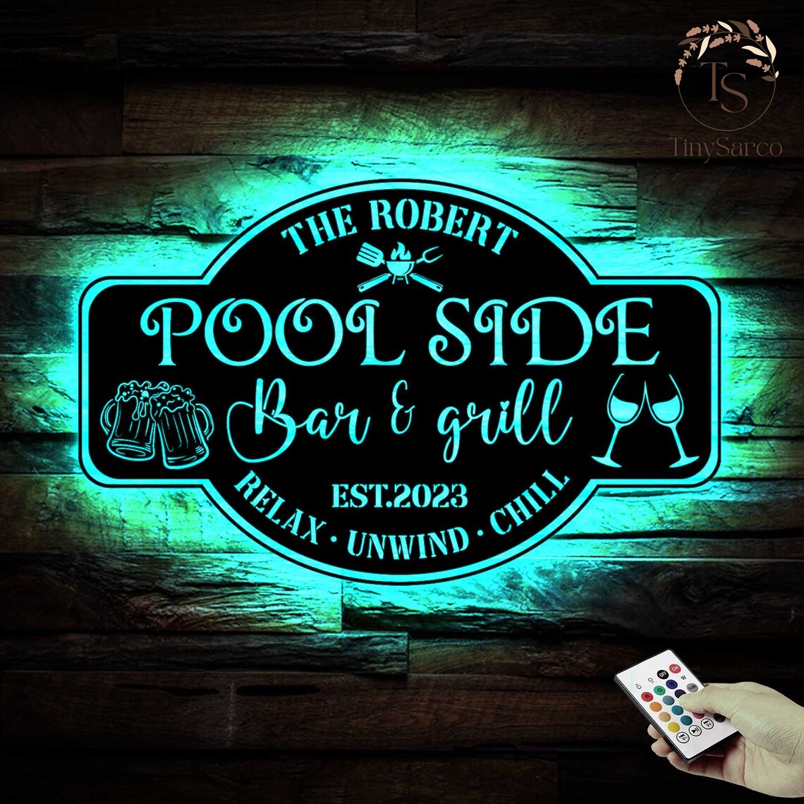 Poolside Bar and Grill Sign LED Light, Bar and Grill Metal Wall Decor ...