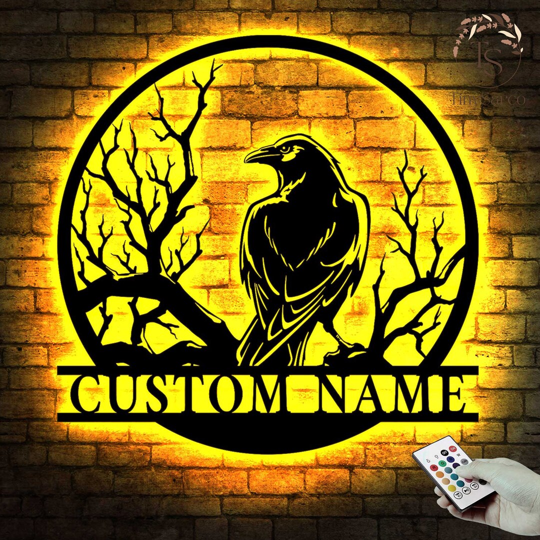 Raven Metal Wall Art With LED Light Custom, Crow Sign, Raven Art ...