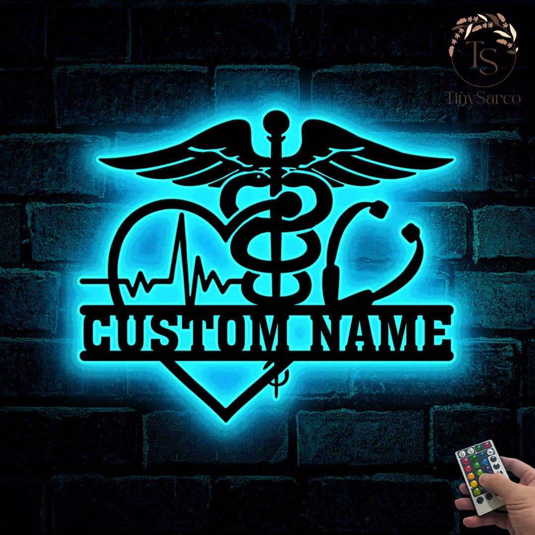 Custom Medical Symbol Caduceus MD Star Nursing Metal Wall Art LED Light ...