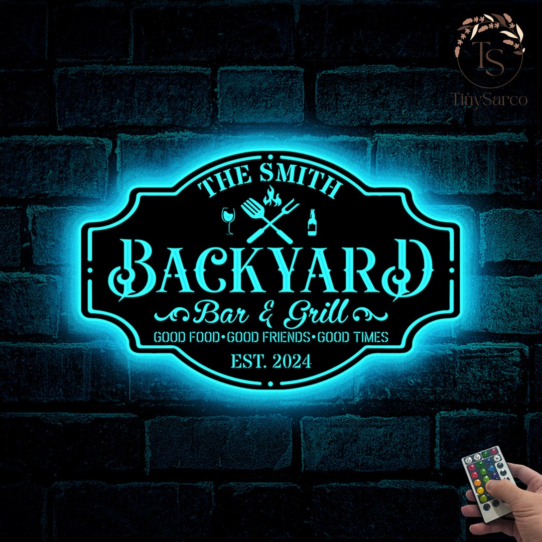 Personalized Backyard Sign LED Custom Bar & Grill Sign Metal Sign Bar ...
