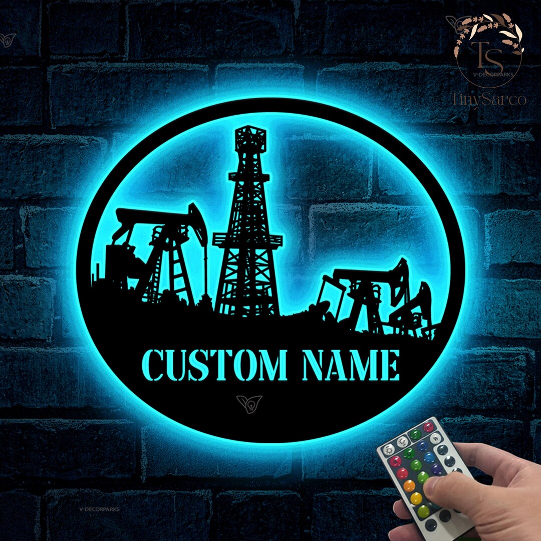 Personalized Oil Field Hanger Metal Wall Art LED Lights, Custom Oil Rig ...