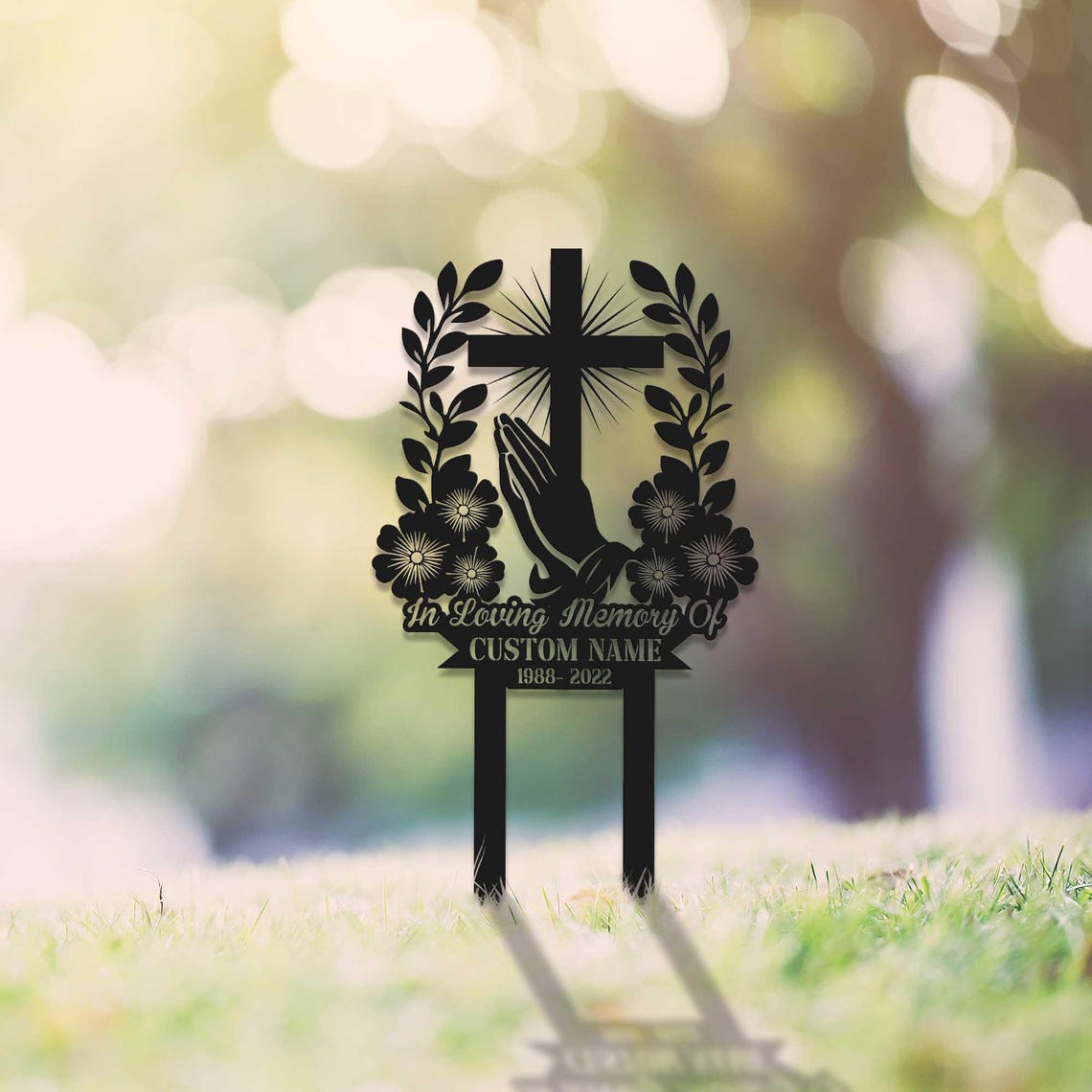 Personalized Cross With Praying Hand Memorial Metal, Floral Cross ...