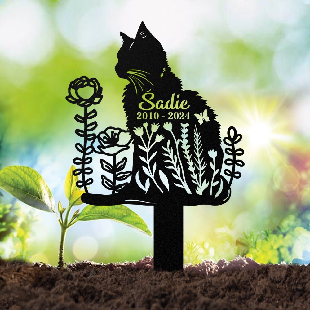 Cat Metal Memorial Stake With Flowers, Cat Grave Marker,custom Cat ...