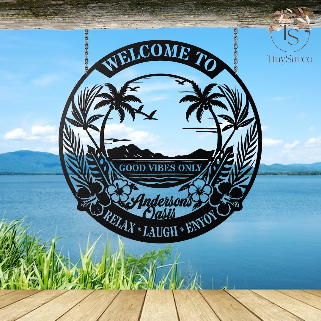 Personalized Family Poolside Metal Sign, Palm Tree Tropical Metal Wall ...