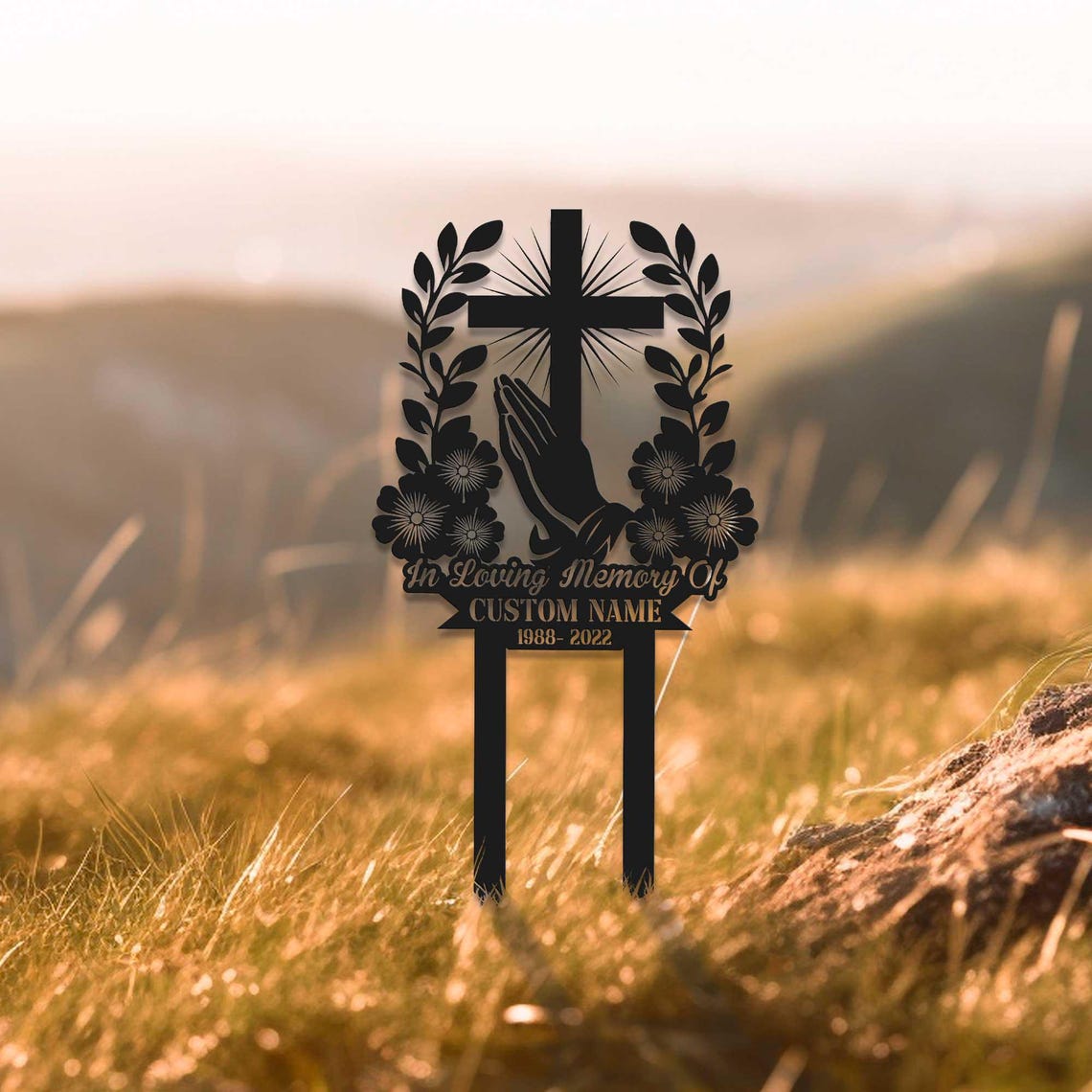 Personalized Cross With Praying Hand Memorial Metal, Floral Cross ...
