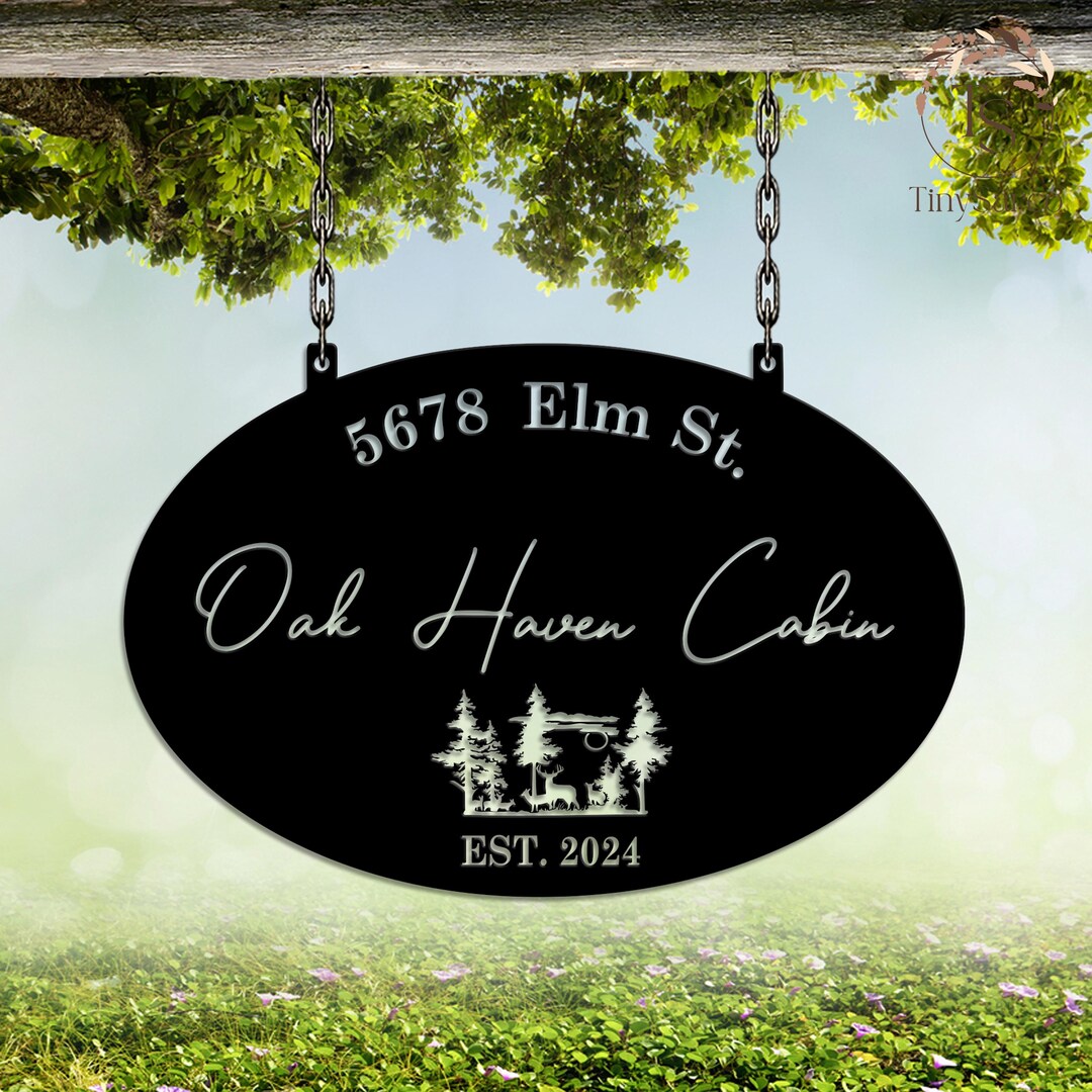 Personalized Hanging Oval House Name Sign, Custom Metal Cabin Address ...