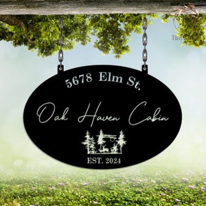 Personalized Hanging Oval House Name Sign, Custom Metal Cabin Address ...