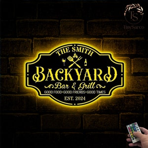 Personalized Backyard Sign LED Custom Bar & Grill Sign Metal Sign Bar ...