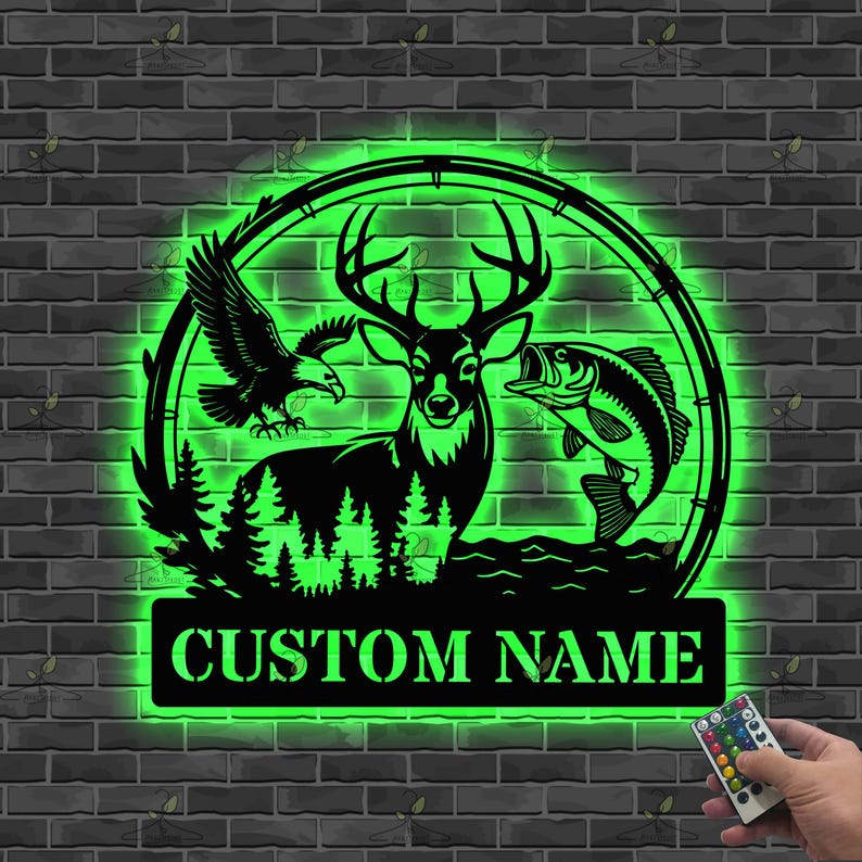 Custom Deer Fish Metal Sign: Personalized LED Cabin Wall Art - Etsy