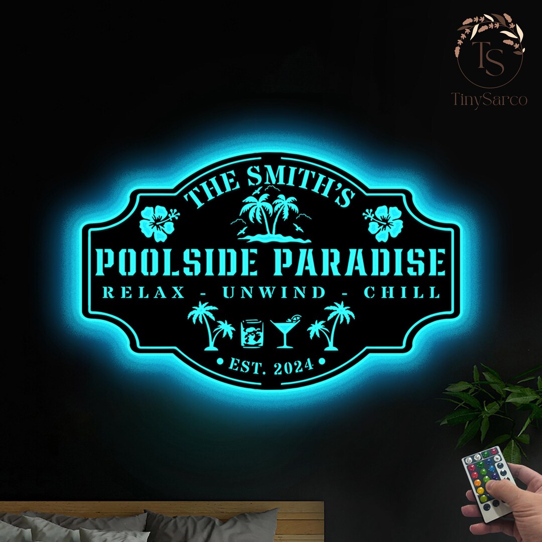 Custom Poolside Paradise Metal Sign LED, Hibiscus Aloha Palm Tree Decor ...