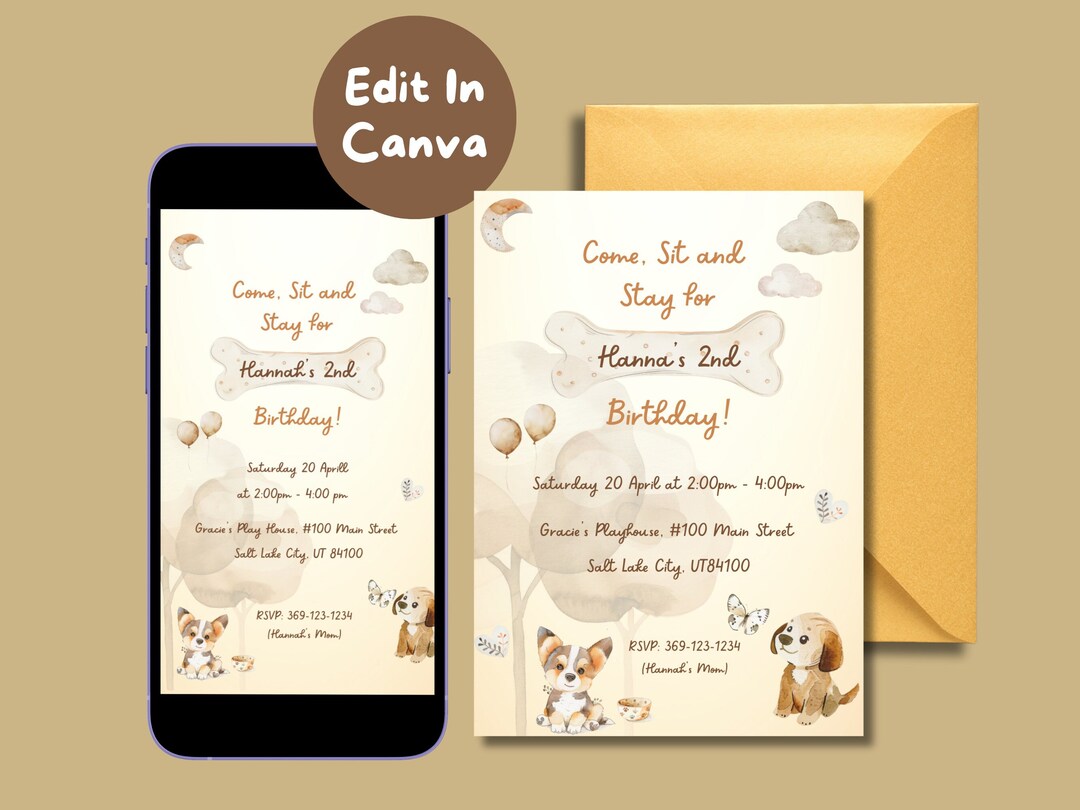 Editable Puppy Birthday Invitation, Come Sit Stay Invitation, Printable ...
