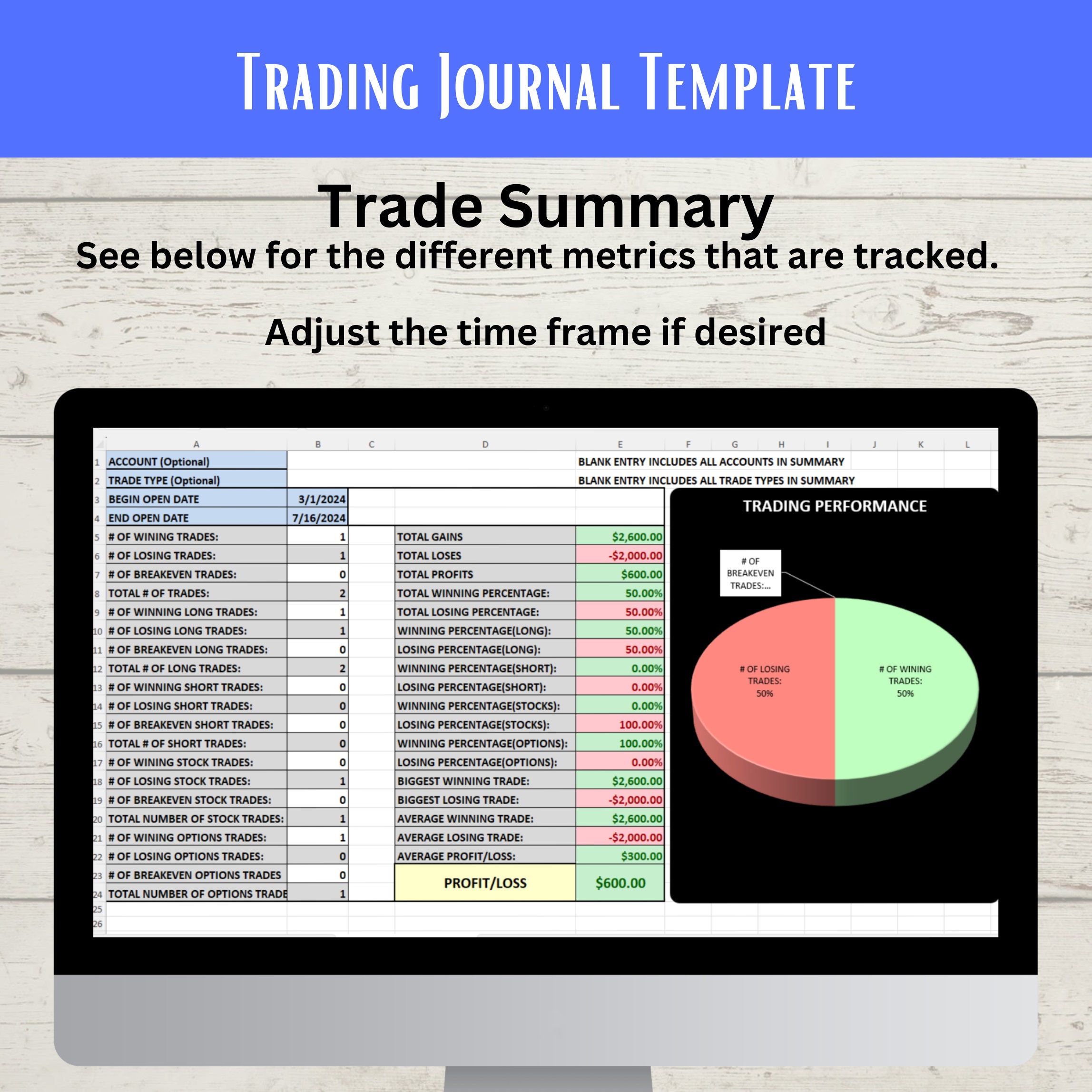 Trading Performance Journal | Excel Tracking Spreadsheet | Track Gains ...