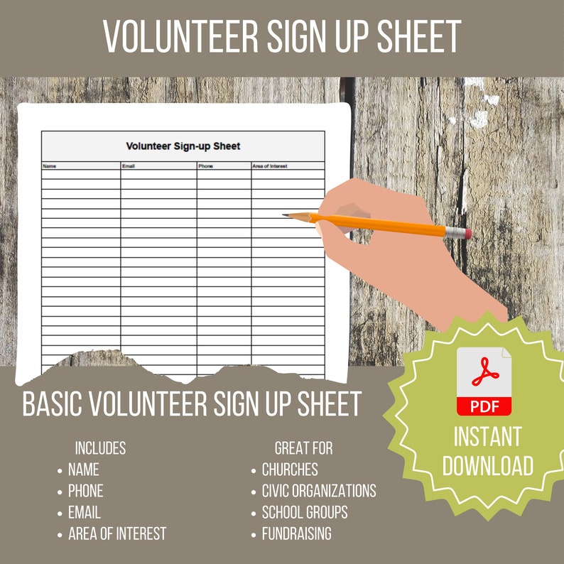 Volunteer Sign up Sheet Printable | PDF Download | Sign up Form for ...