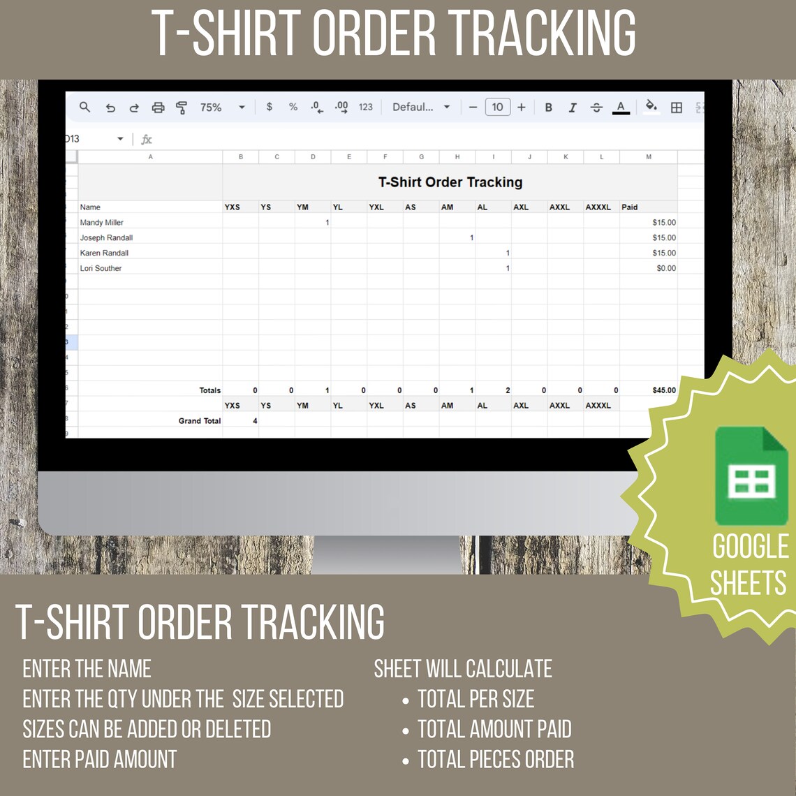 Group T-shirt Order Tracking Sheet | Google Sheets Track Name Sizes ...