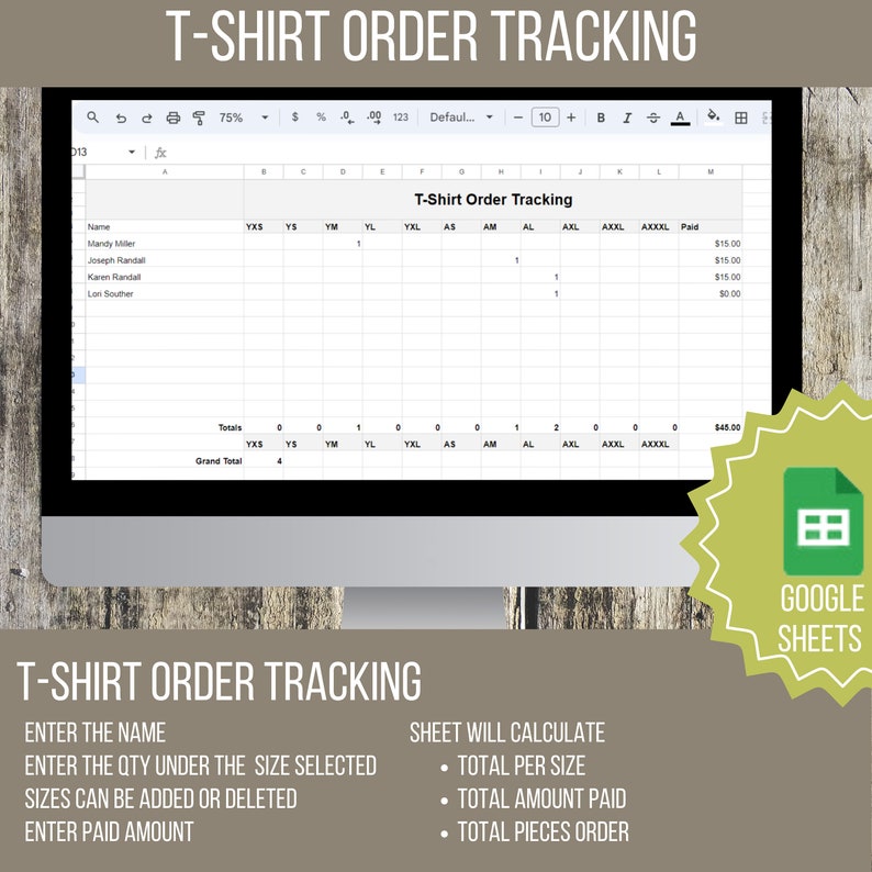 Group T-shirt Order Tracking Sheet | Google Sheets Track Name Sizes ...