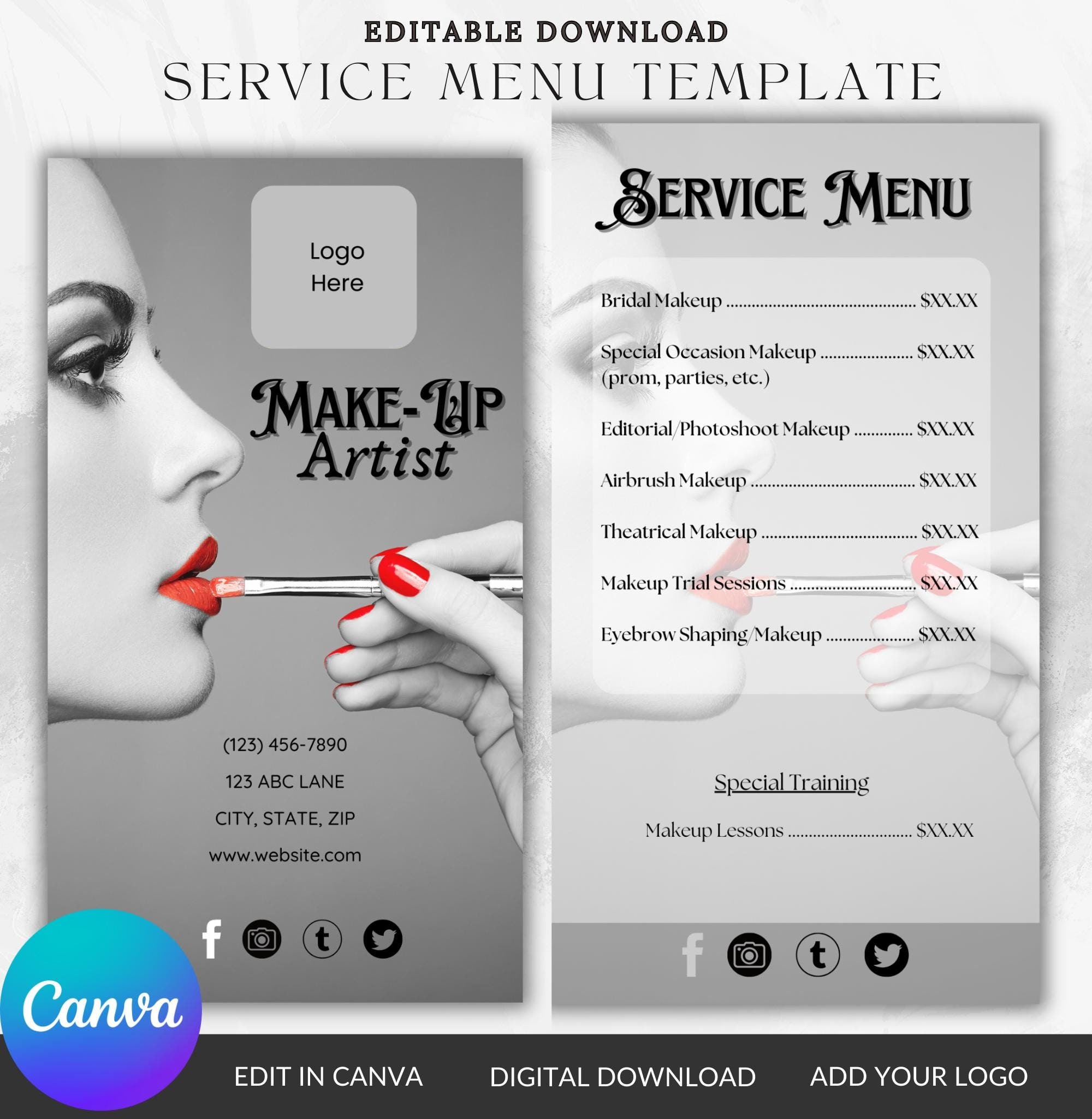 Editable Makeup Artist Service Menu Template: Salon Price List (PDF ...