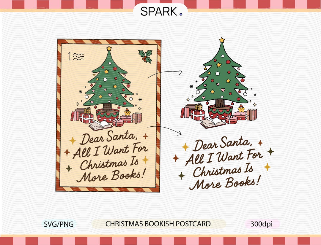 Dear Santa Bookish Christmas Postcard Stamp PNG SVG / Teacher Librarian ...