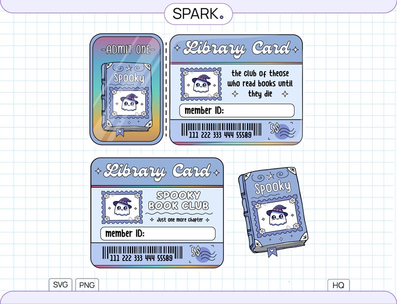 Spooky Ghost Library Card SVG PNG: Halloween Bookish Ticket (digital ...