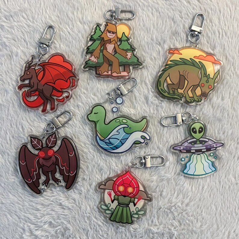 2.5 Mini Chibi Cryptid Acrylic Charm Keychains Mothman, Nessie, Alien ...