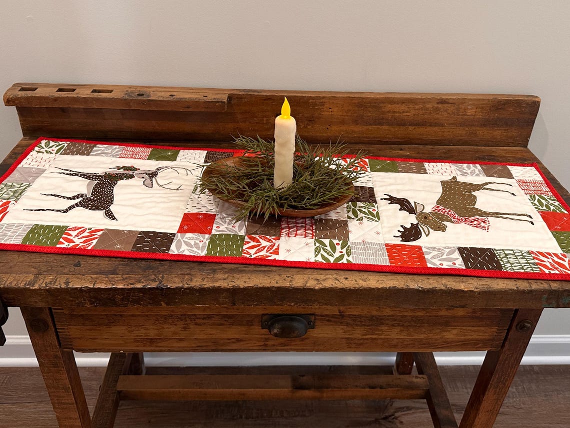 Handmade Quilted Merrily Christmas Deer & Moose Table Runner - 12 3/4 X ...