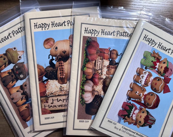 Four Happy Heart Patterns for Prim Gingerbread Frog Mouse Owl Spider ...