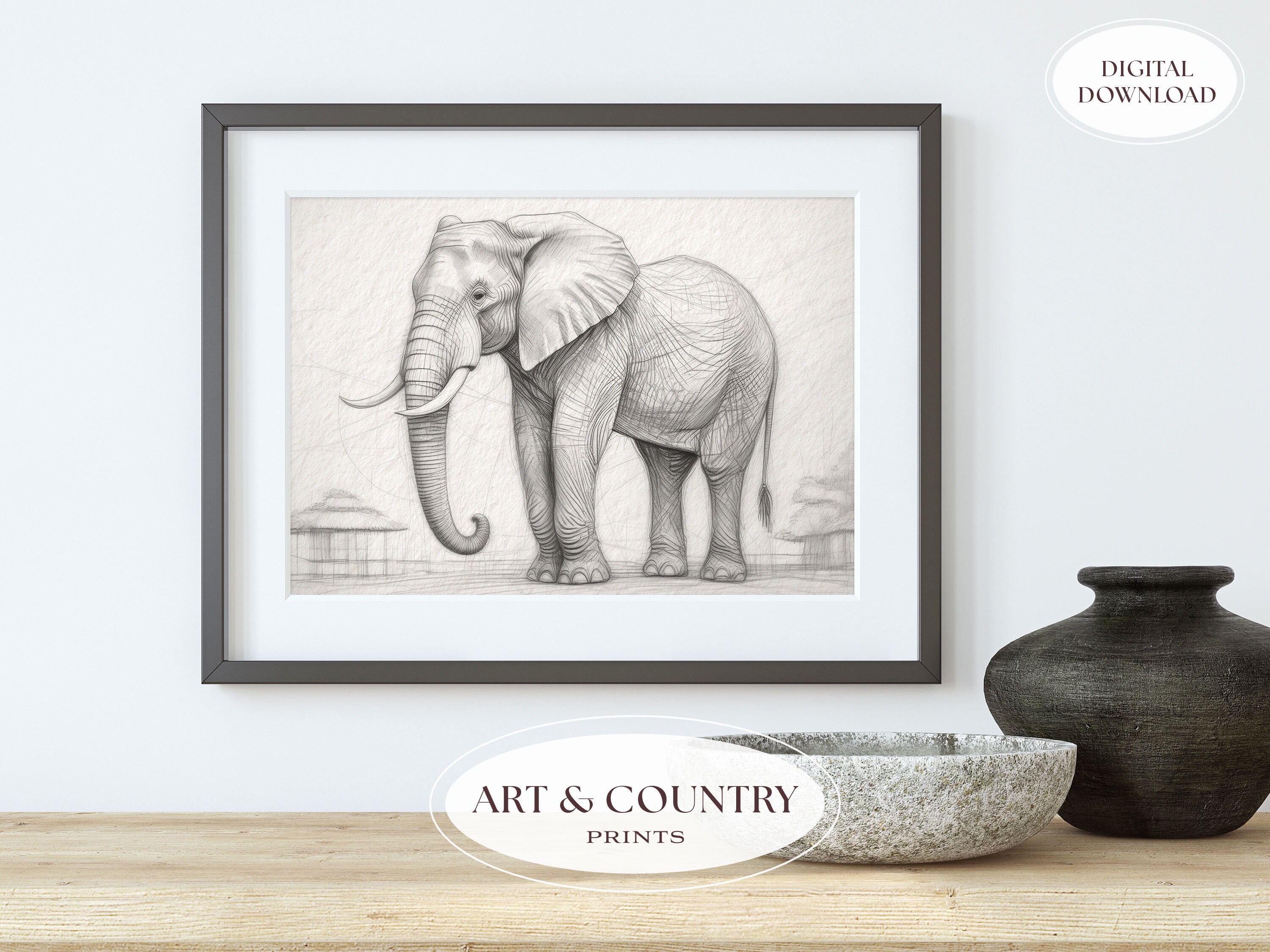 African Elephant Sketch Elephant Wall Art Pencil Drawing of Elephant ...